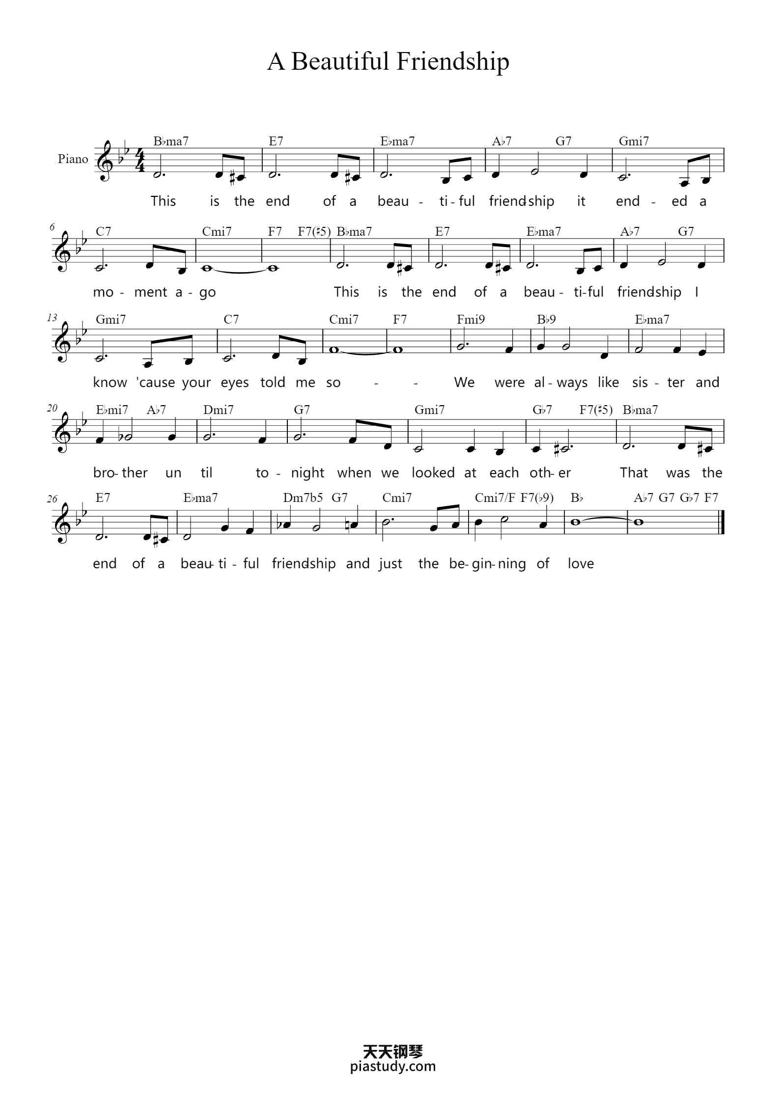 'A Beautiful Friendship' - Piano Sheet Music By Donald Kahn / Stanley ...