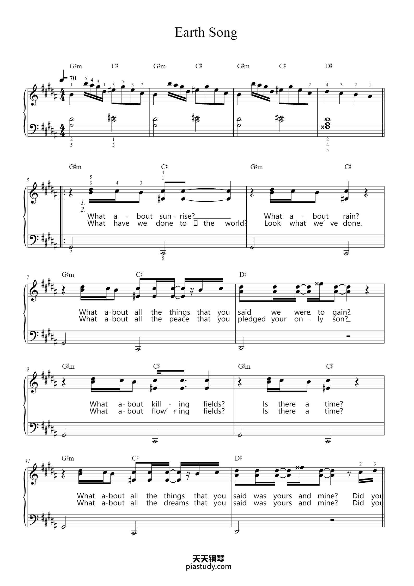 'Earth Song' - Piano Sheet Music By Words & Music by Michael Jackson ...