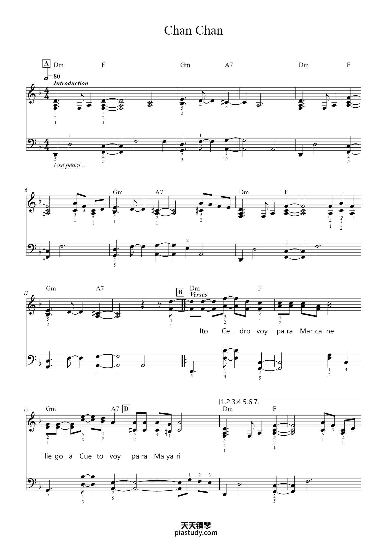 'Chan Chan' - Piano Sheet Music By Solo piano Level 3 | TOPiano