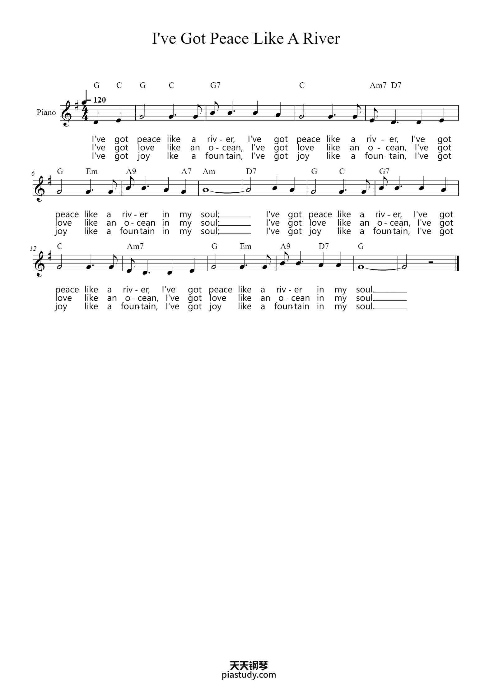 I've Got Peace Like A River钢琴谱 - Traditional - free piano sheet music ...