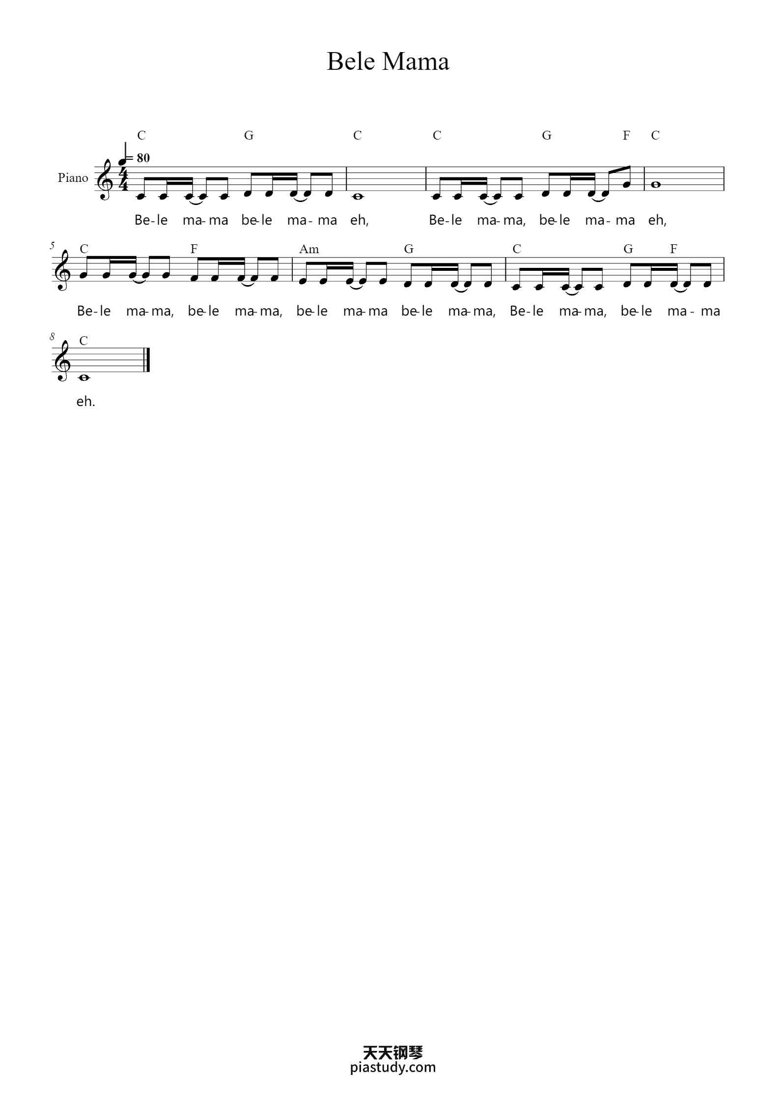Bele Mama钢琴谱 - Traditional - free piano sheet music - PiaNoproblem