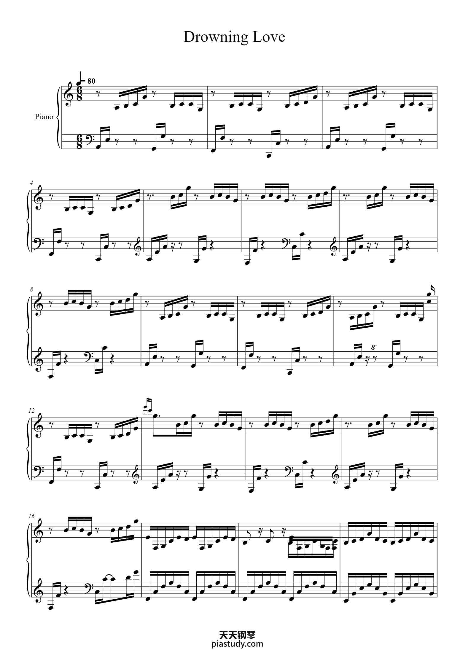 Drowning Love》C调' - Piano Sheet Music By 坂本秀一 | TOPiano