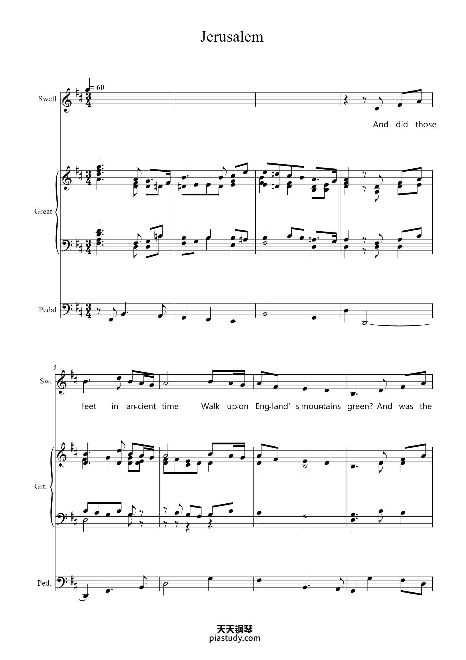 'Jerusalem' - Piano Sheet Music By JERUSALEM Hubert H. Parry, 1848-1918 ...