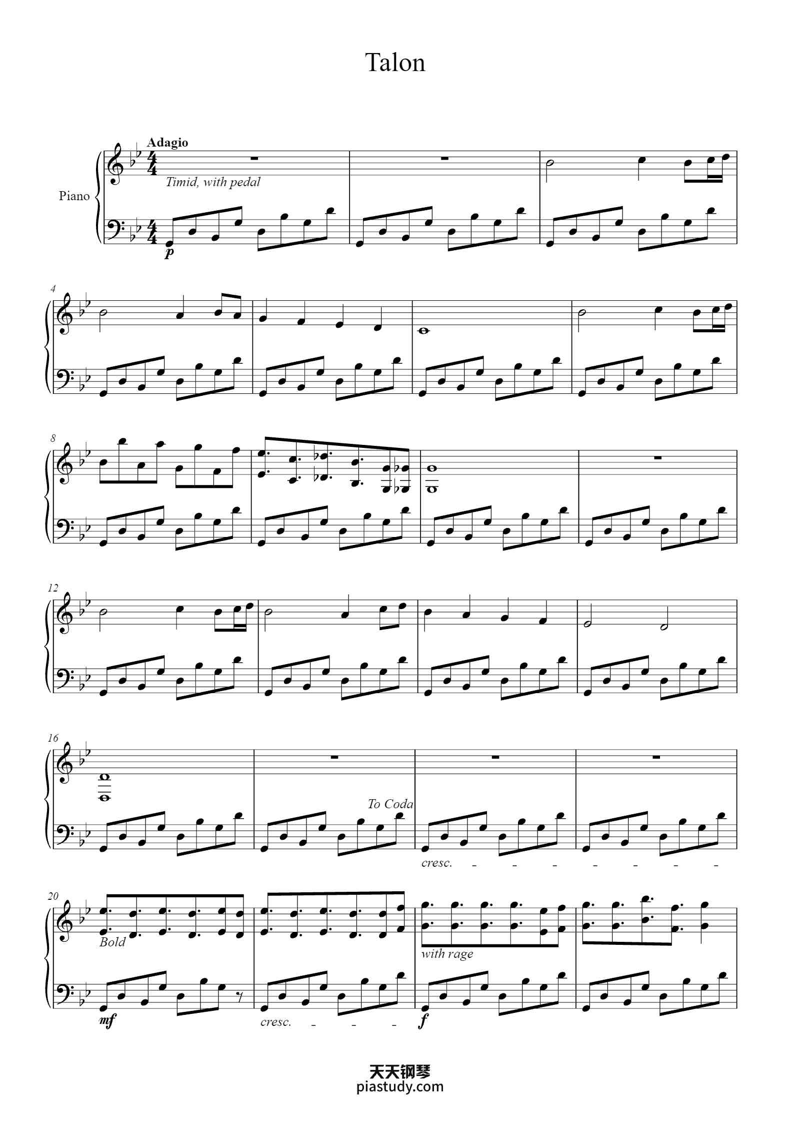 Talon钢琴谱 - Zachary Wilson - free piano sheet music - PiaNoproblem