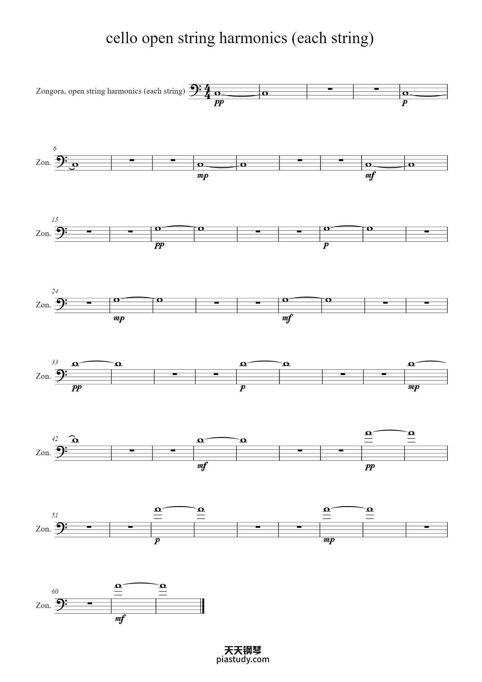 cello open string harmonics (each string)钢琴谱 - - free piano sheet music ...