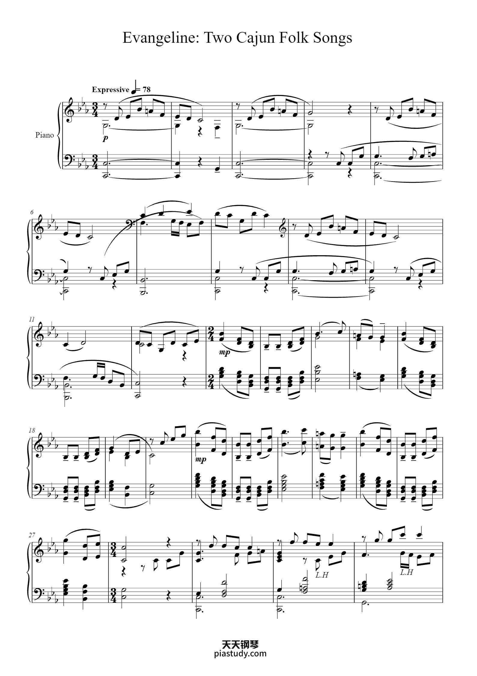 'Evangeline: Two Cajun Folk Songs' - Beginner Piano Sheet Music by ...
