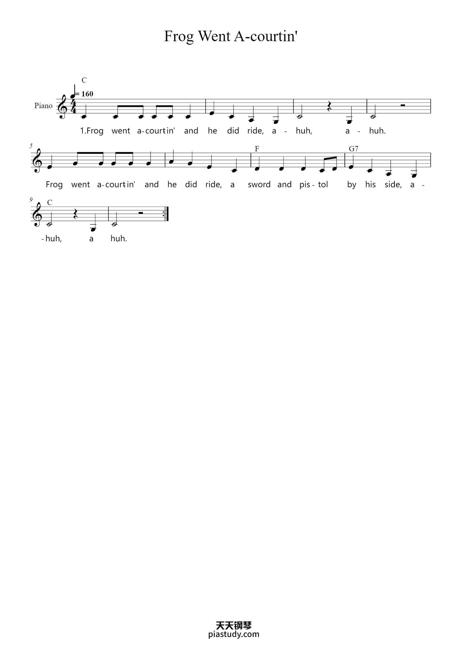 Frog Went A-courtin'钢琴谱 - Folksong from Kentucky - free piano sheet ...