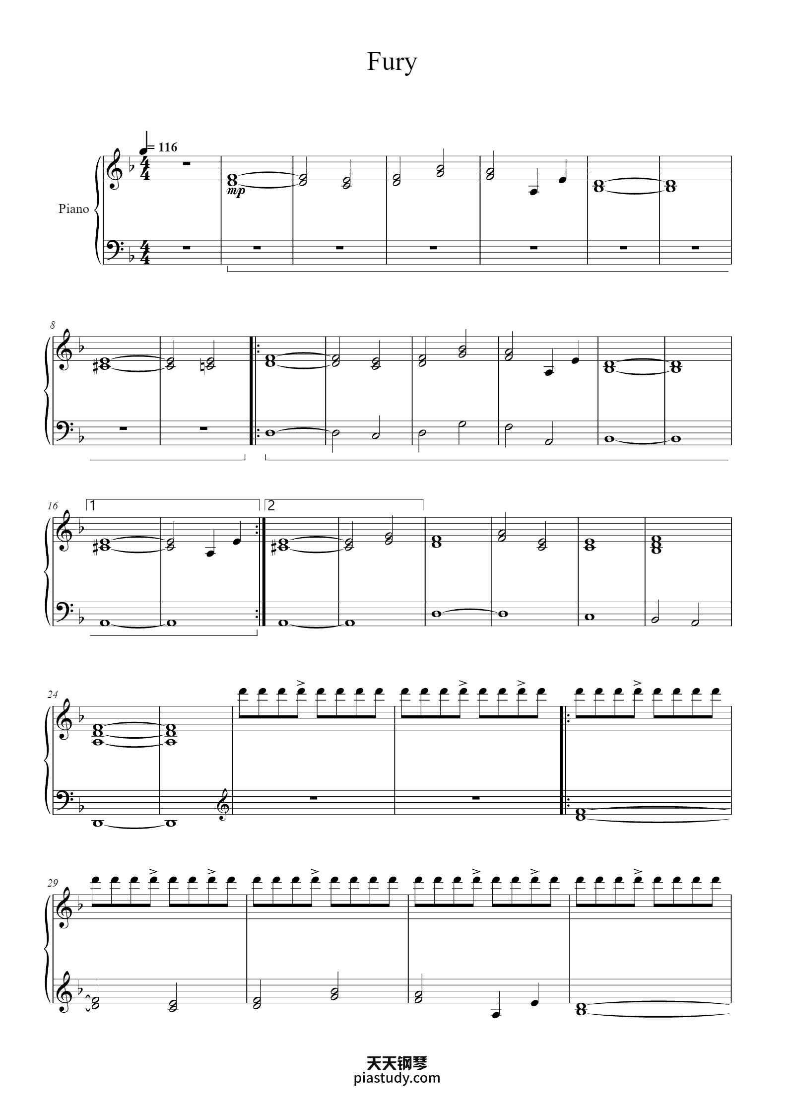 Fury钢琴谱 - Steven Price - free piano sheet music - PiaNoproblem