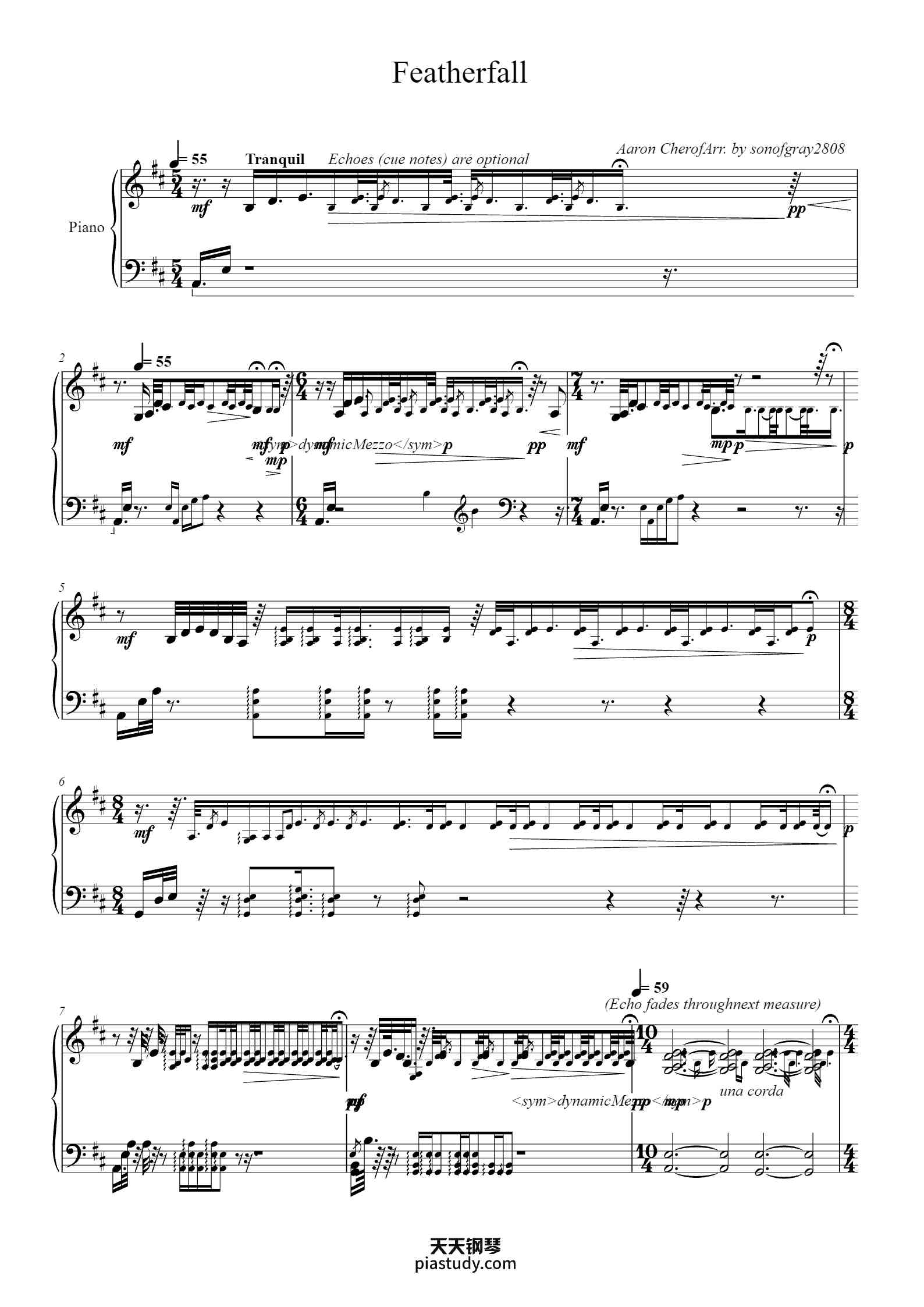 Featherfall钢琴谱 - Aaron Cherof - free piano sheet music - PiaNoproblem
