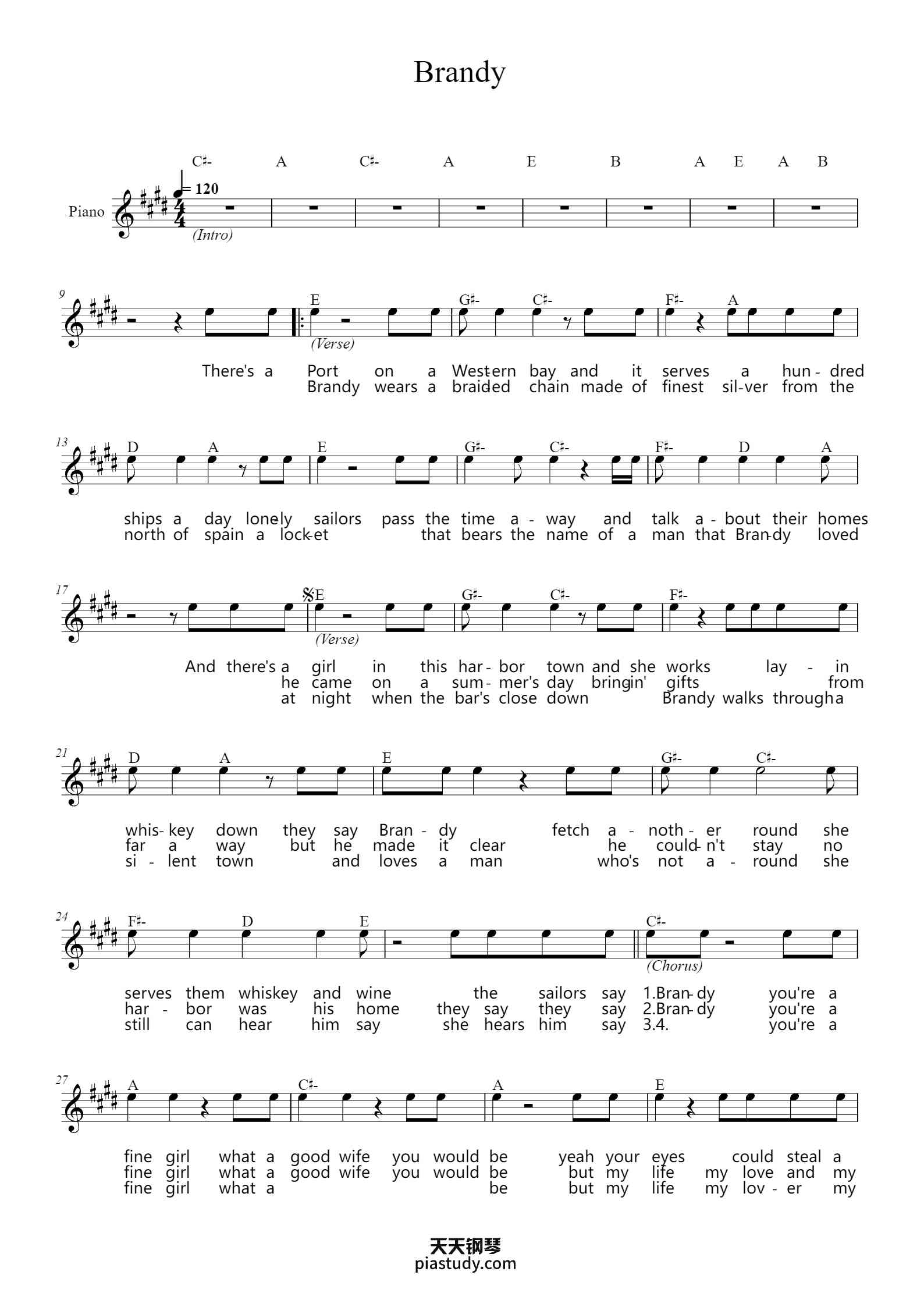 'Brandy' - Piano Sheet Music By Looking Glass | TOPiano