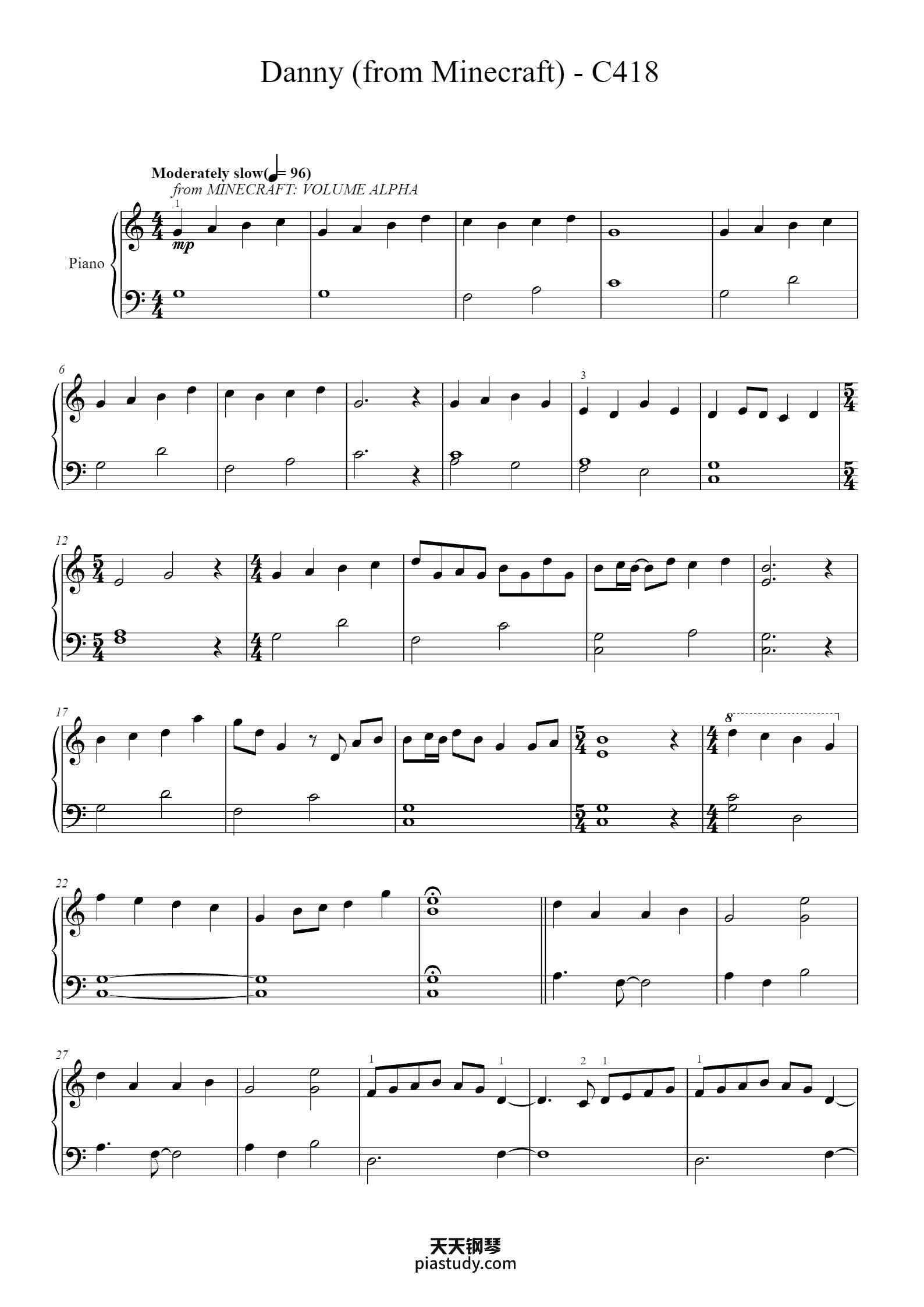 Danny (from Minecraft)钢琴谱 - C418 - free piano sheet music - PiaNoproblem