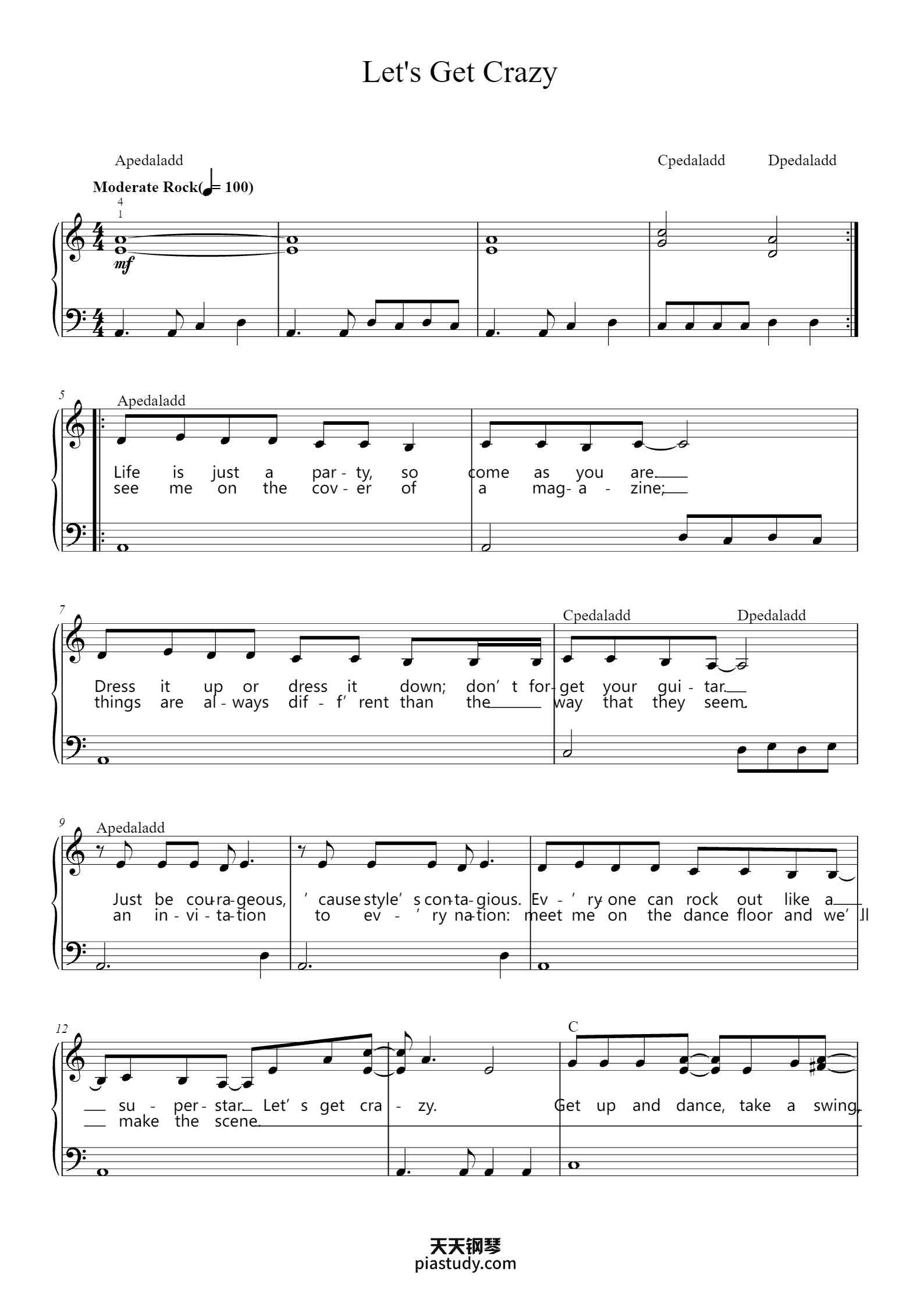 'Let's Get Crazy' - Piano Sheet Music By Words and Music by COLLEEN ...