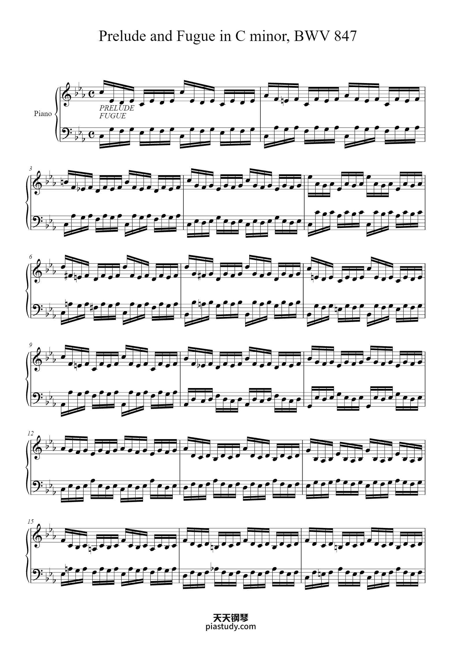 Prelude and Fugue in C Minor, BWV 847, from The Well-Tempered Clavier ...
