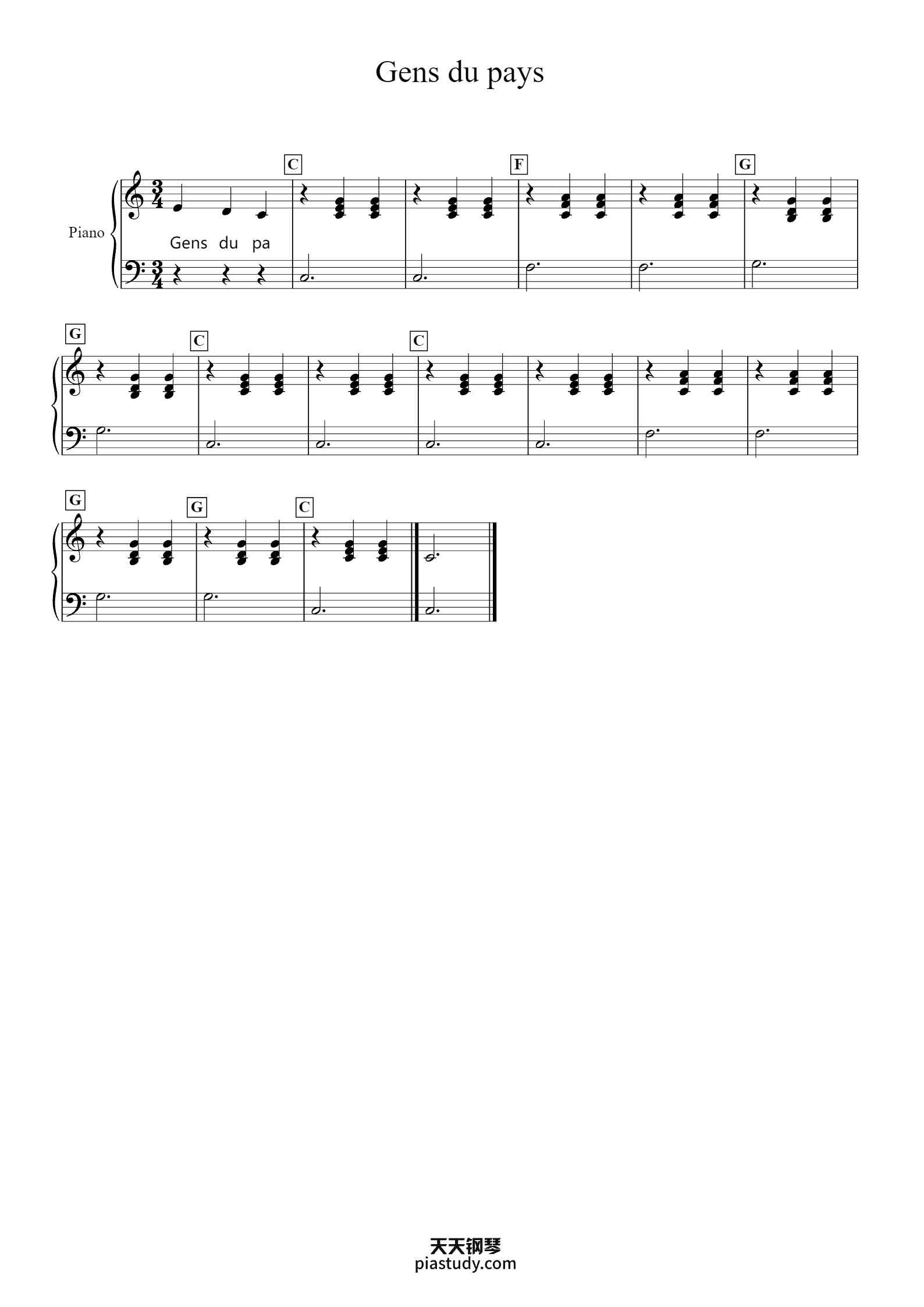 'Gens du pays' - Piano Sheet Music By Gilles Vigneault | TOPiano