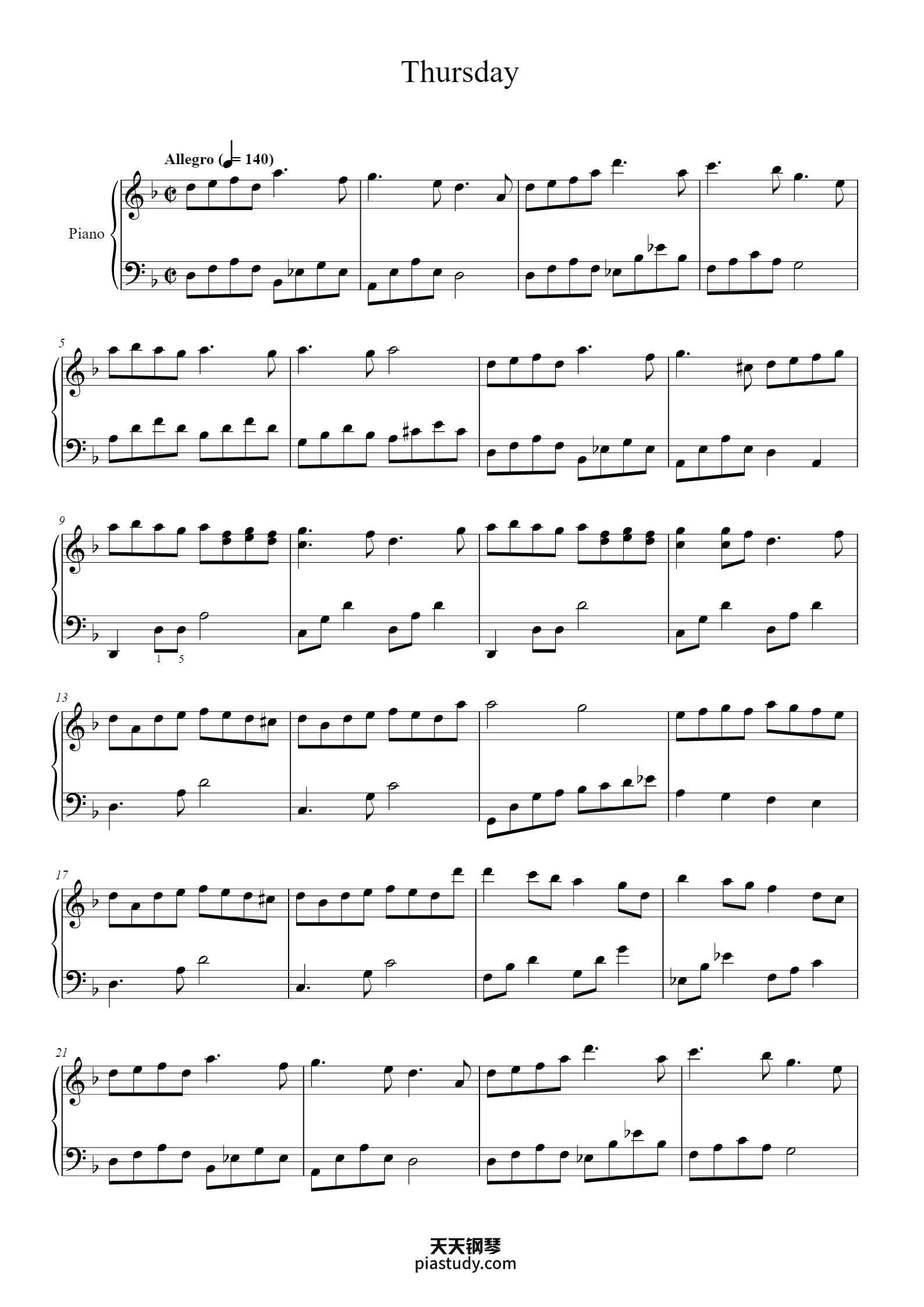 'Thursday' - Piano Sheet Music By Michael Duttge | TOPiano