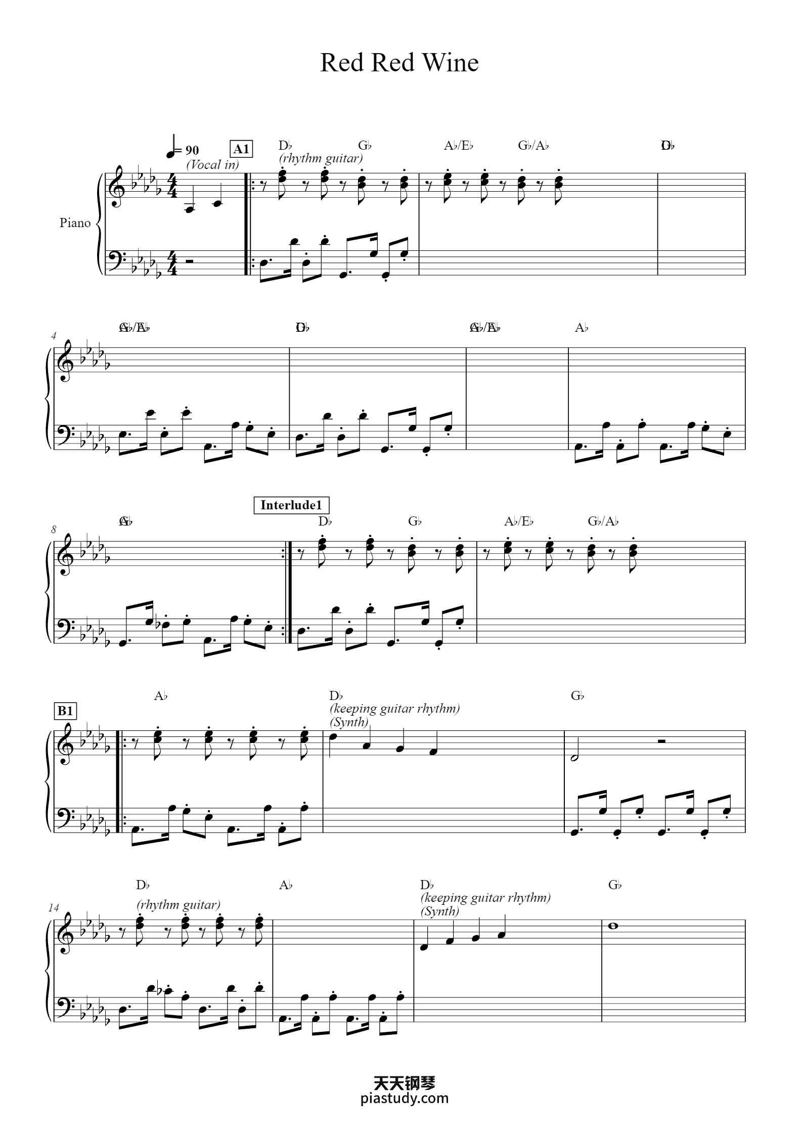 'Red Red Wine' - Piano Sheet Music By UB40 | TOPiano