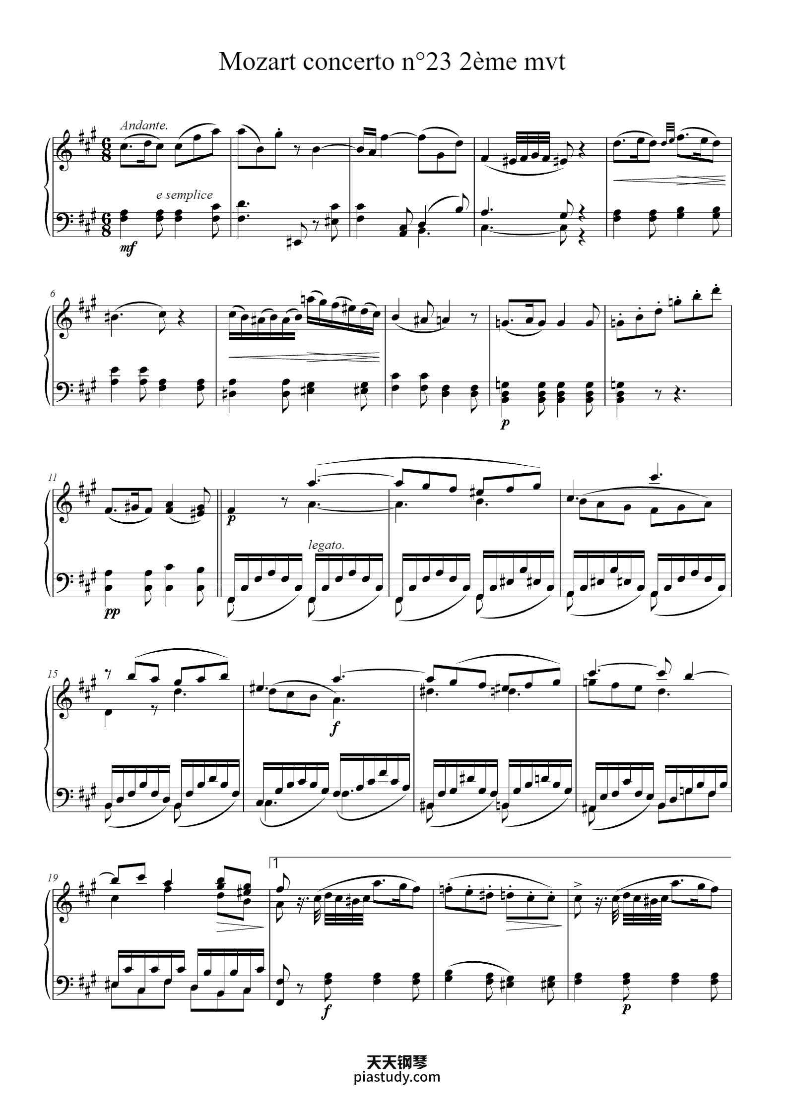 'Mozart concerto n°23 2ème mvt' - Beginner Piano Sheet Music by unknown ...