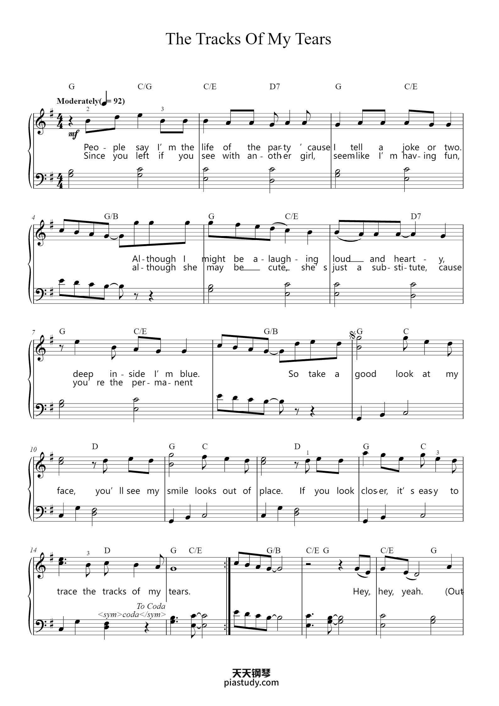 'The Tracks Of My Tears' - Piano Sheet Music By Words and Music by ...