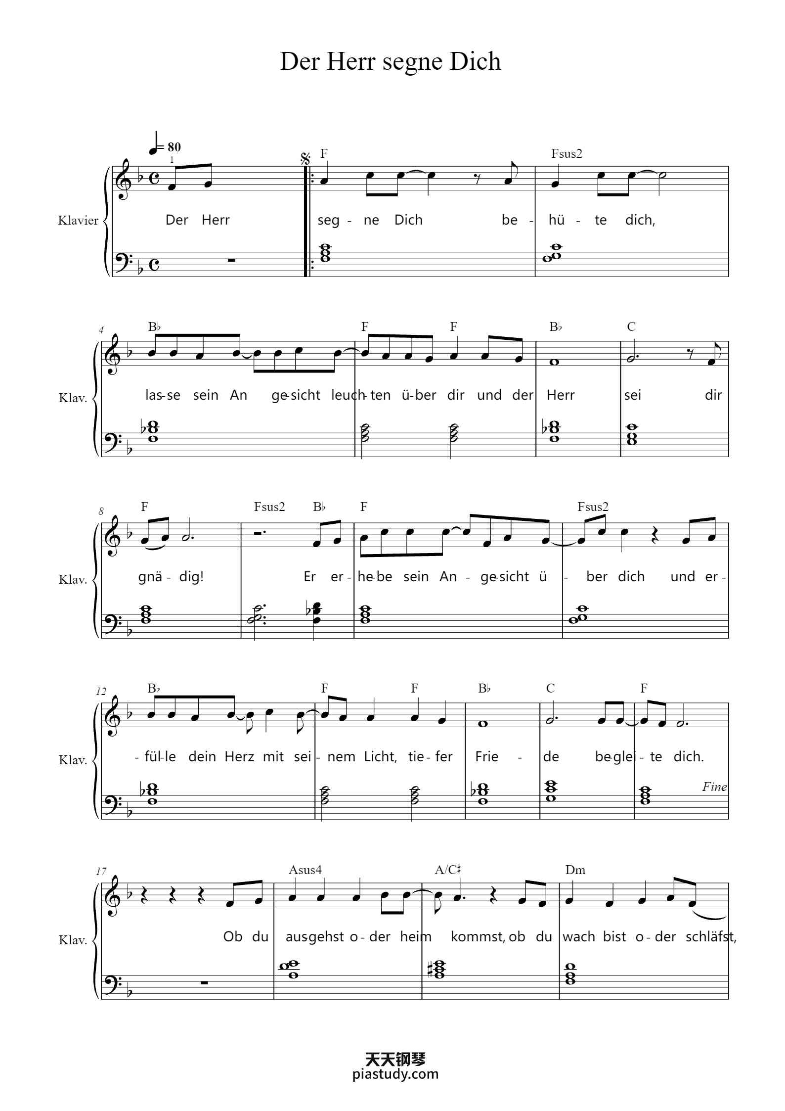 'Der Herr segne Dich' - Piano Sheet Music By Text, Musik: PeM ...