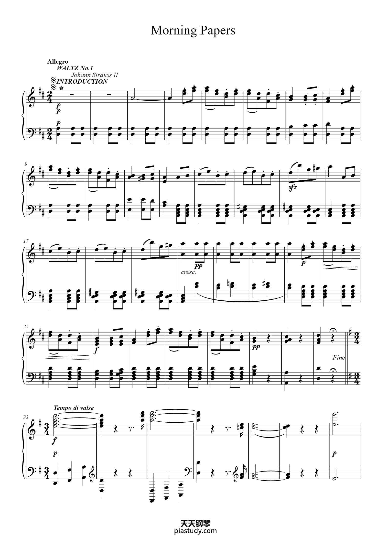 Morning Papers, Op. 279 (Piano Solo)钢琴谱 - Johann Strauss Jr. - free ...
