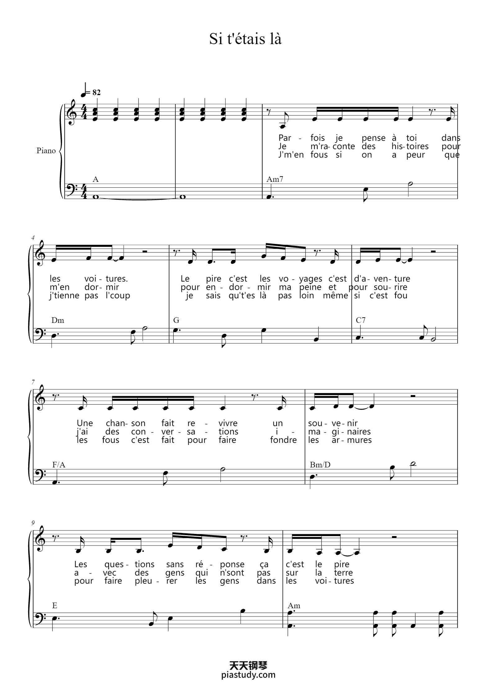 'Si t'étais là' - Piano Sheet Music By Arrangement BD | TOPiano