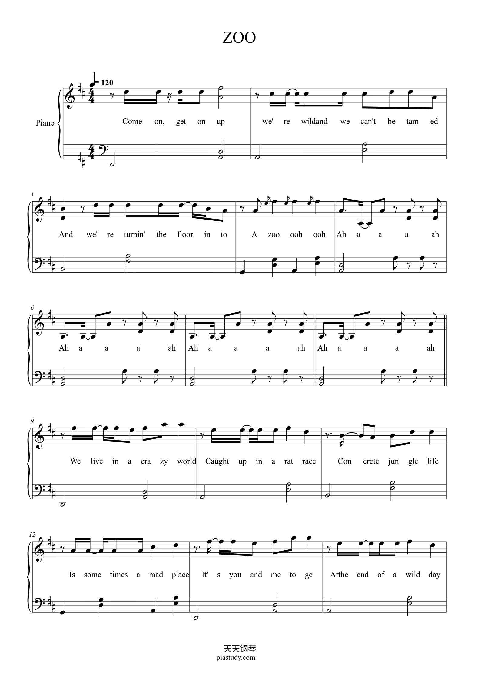 ZOO（电影《疯狂动物城2》主题曲）原调钢琴谱 - Shakira - free piano sheet music - PiaNoproblem