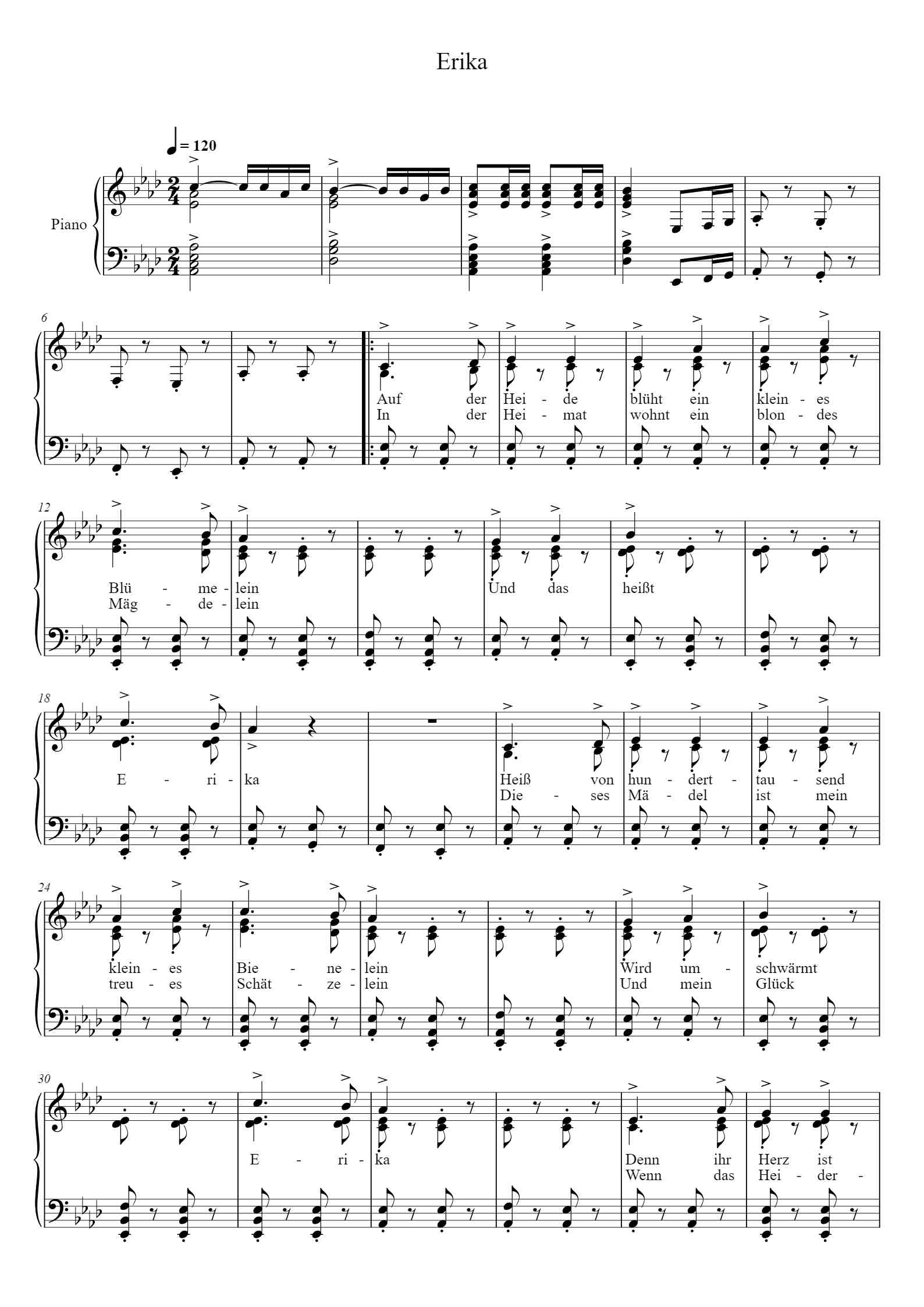 'Erika' - Beginner Piano Sheet Music by Palce Motwain | TOPiano
