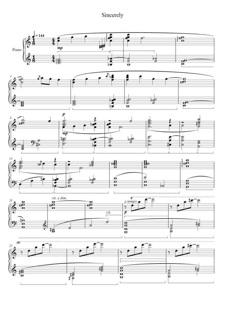 'Sincerely' - Piano Sheet Music By Original Artist: TRUE Arranged by ...