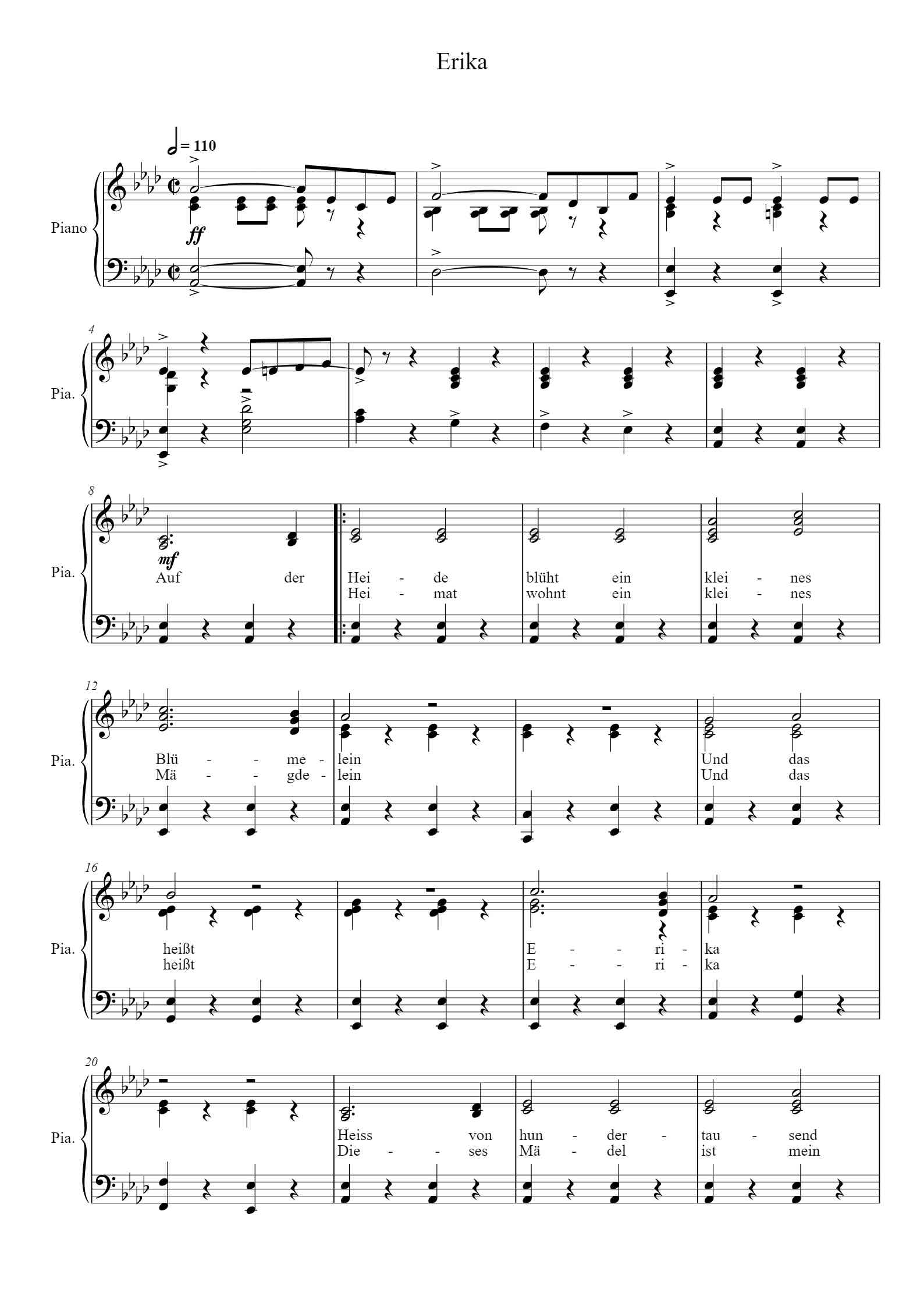 'Erika' - Piano Sheet Music By Palce Motwain | TOPiano