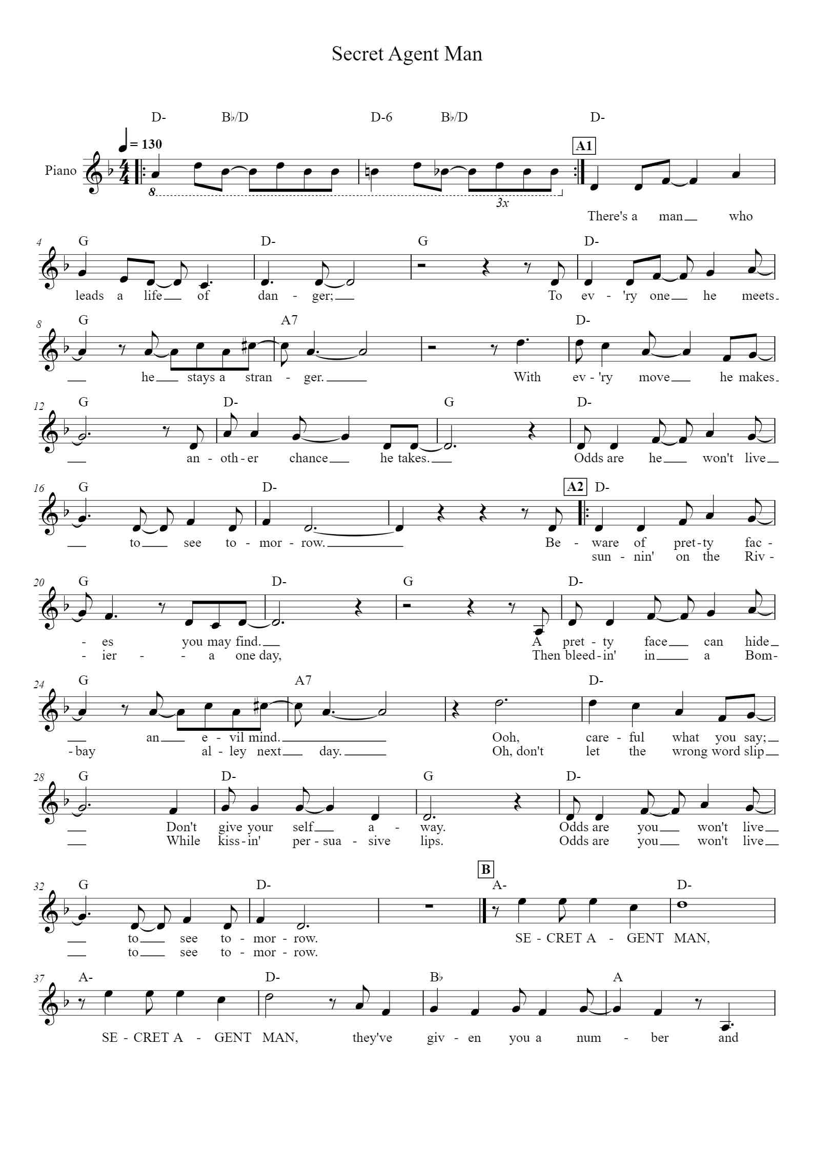'Secret Agent Man' - Piano Sheet Music By P. F. Sloan and Steve Barri ...