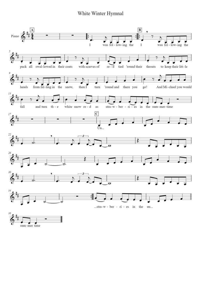 'White Winter Hymnal' - Piano Sheet Music By Fleet Foxes Pentatonix ...