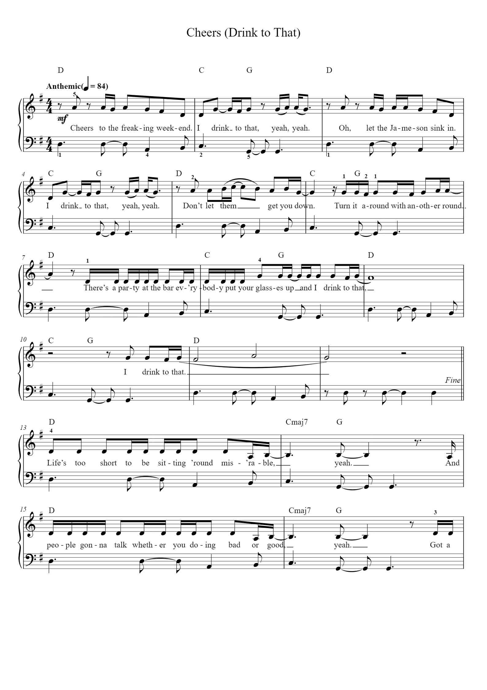 'Cheers' - Piano Sheet Music By Words & Music by Avril Lavigne, Lauren ...