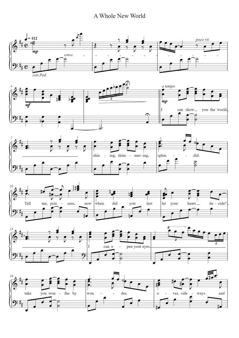 'A Whole New World' - Piano Sheet Music By composer:Alan Menken | TOPiano