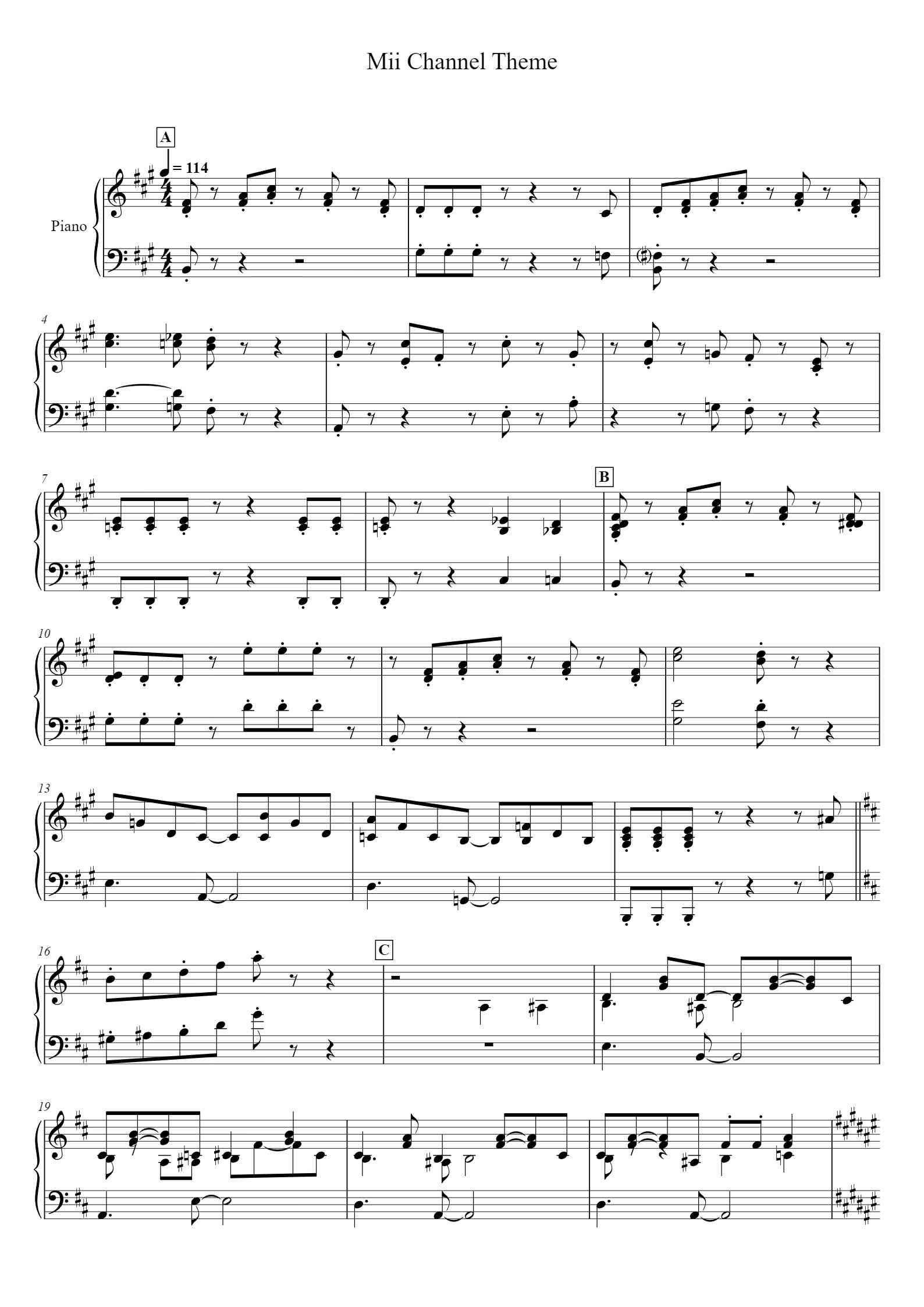 'Mii Channel Theme' - Piano Sheet Music By Kazumi Totaka tr. Garrett ...