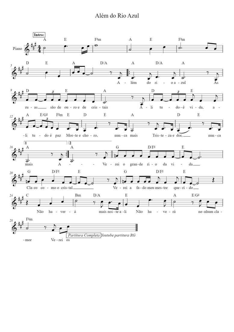 Além do Rio Azul钢琴谱 - voz da verdade - free piano sheet music ...