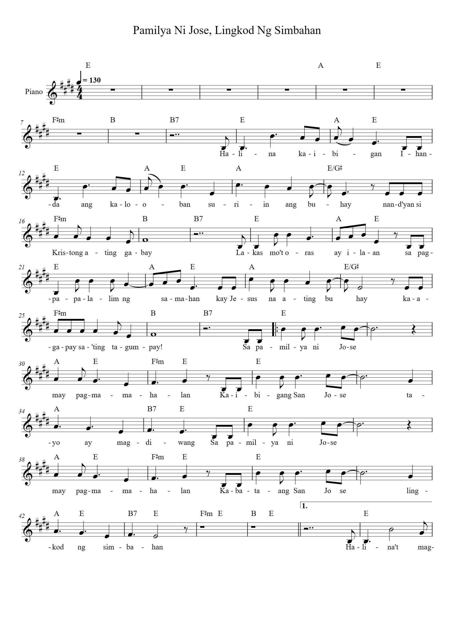 'Pamilya Ni Jose, Lingkod Ng Simbahan' - Piano Sheet Music By Music ...