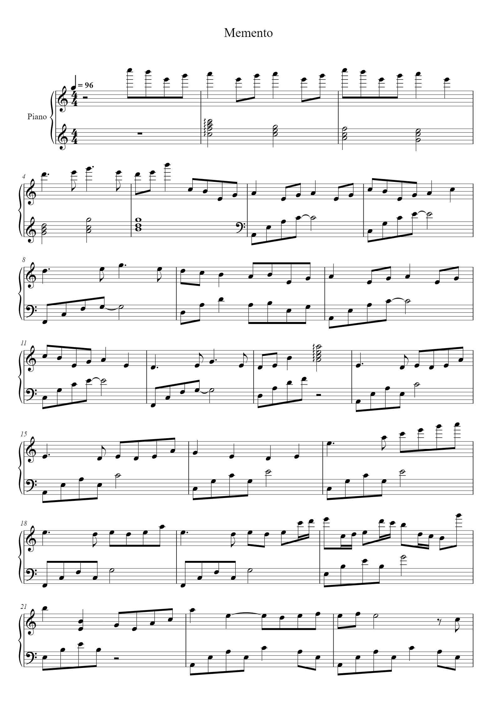 Memento钢琴谱 - nonoc - free piano sheet music - PiaNoproblem