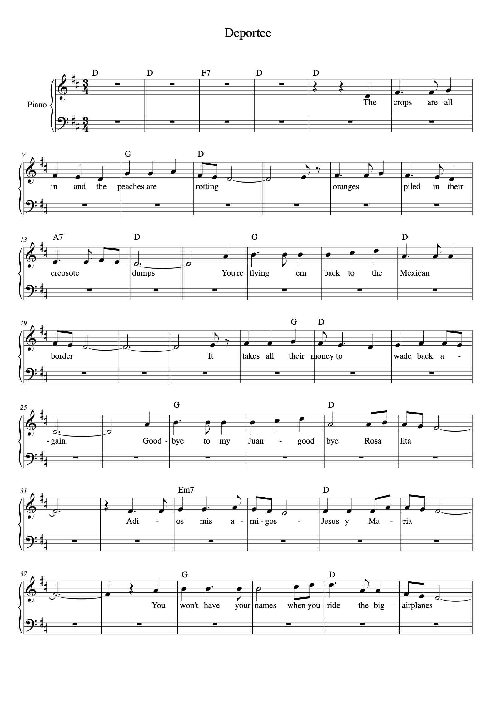 Deportee钢琴谱 - Woody Guthree - free piano sheet music - PiaNoproblem