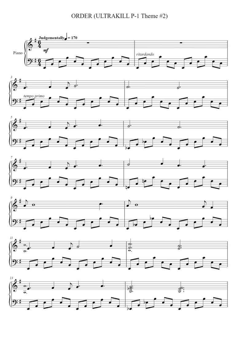 'ORDER (ULTRAKILL P-1 Theme #2)' - Piano Sheet Music By Heaven Pierce ...