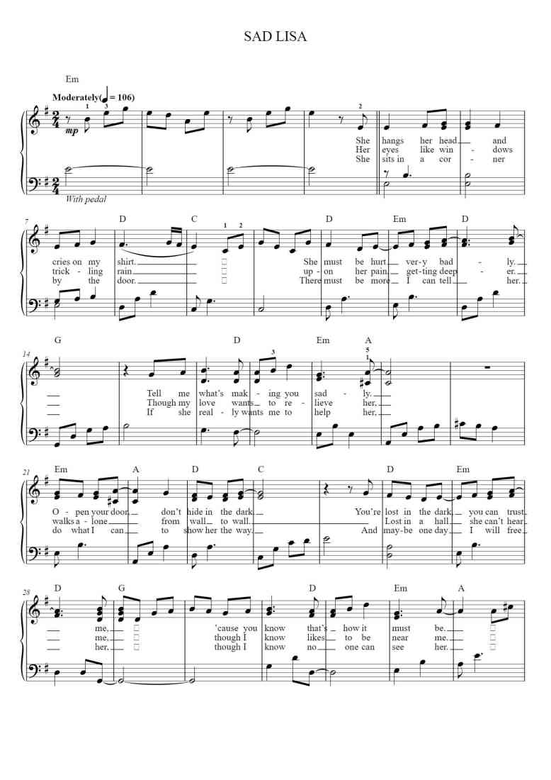 'Sad Lisa' - Piano Sheet Music By Words and Music by CAT STEVENS | TOPiano