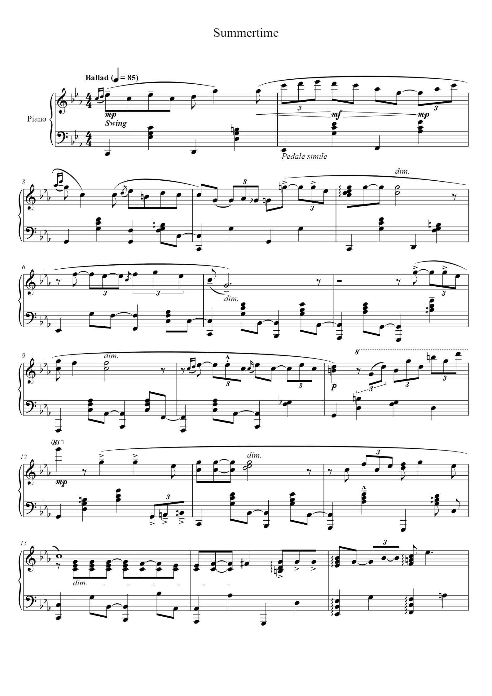 'Summertime' - Piano Sheet Music By Dubose Heyward and George Gershwin ...