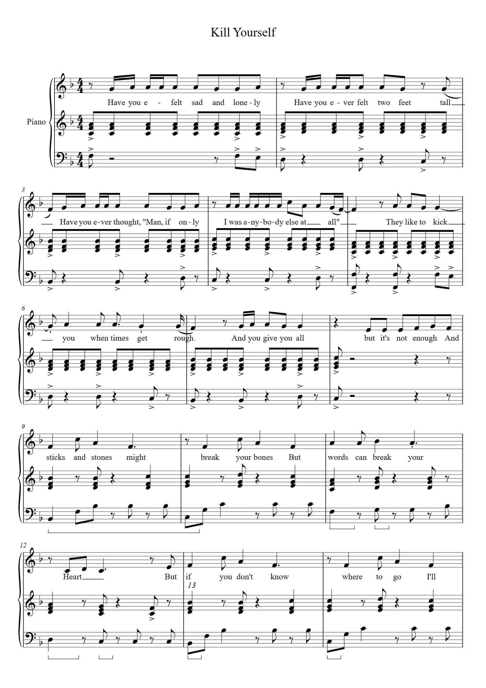 'Kill Yourself' - Piano Sheet Music By Piano arranged by LyricWulf ...