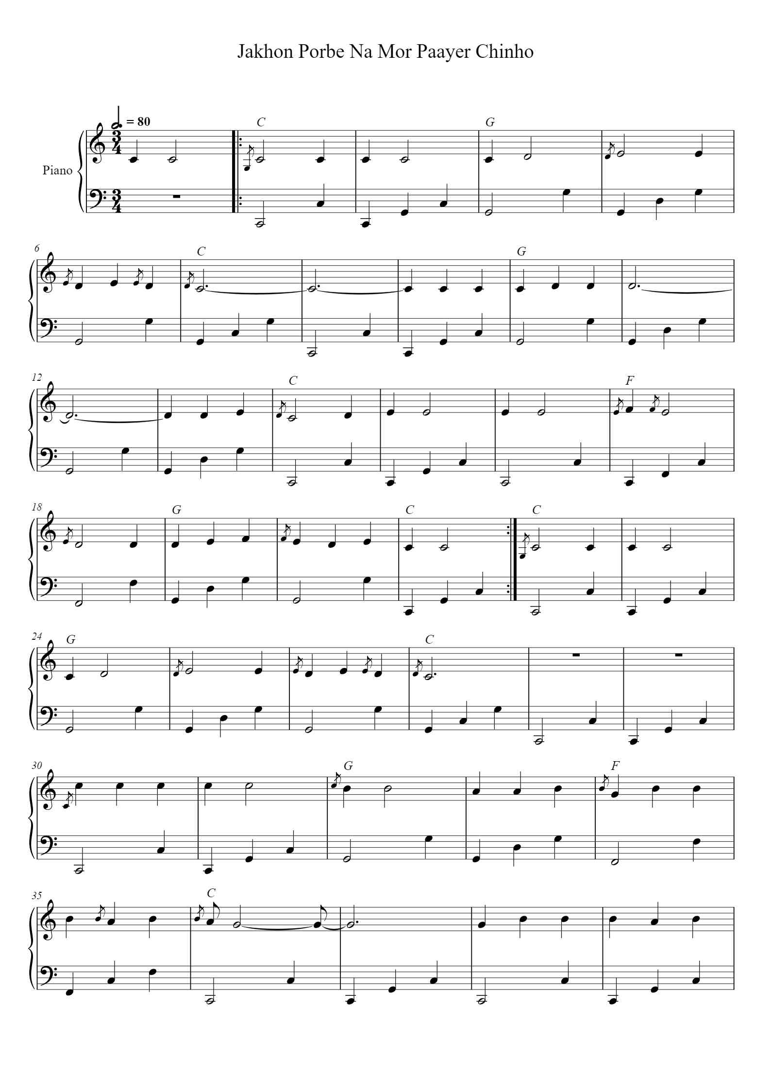 'Jakhon Porbe Na Mor Paayer Chinho' - Piano Sheet Music By Arrangement ...
