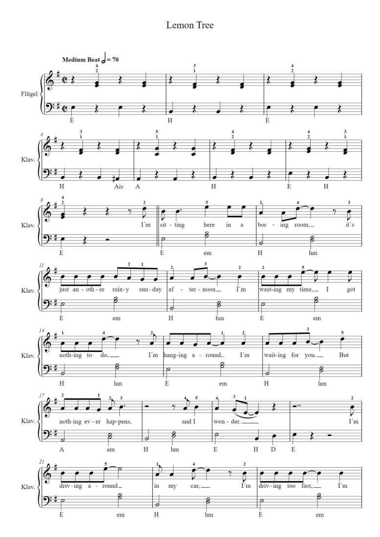 'Lemon Tree' - Piano Sheet Music By Words & Music by Volker Hinkel ...