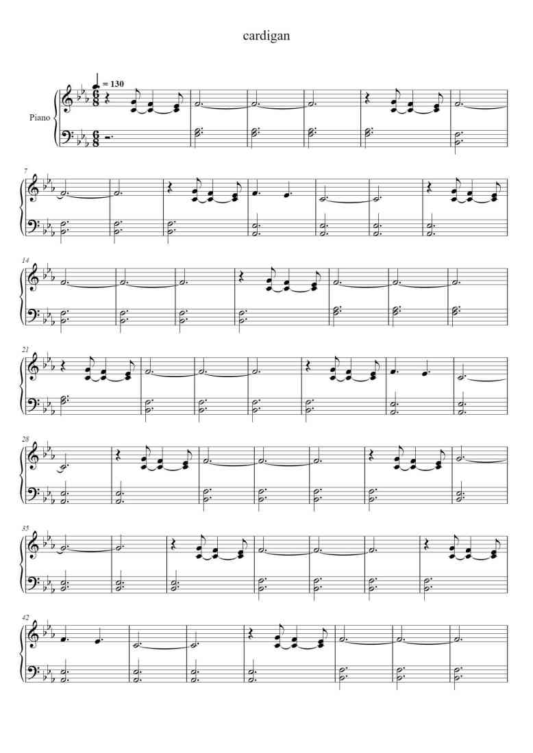 cardigan钢琴谱 - Taylor Swift - free piano sheet music - PiaNoproblem