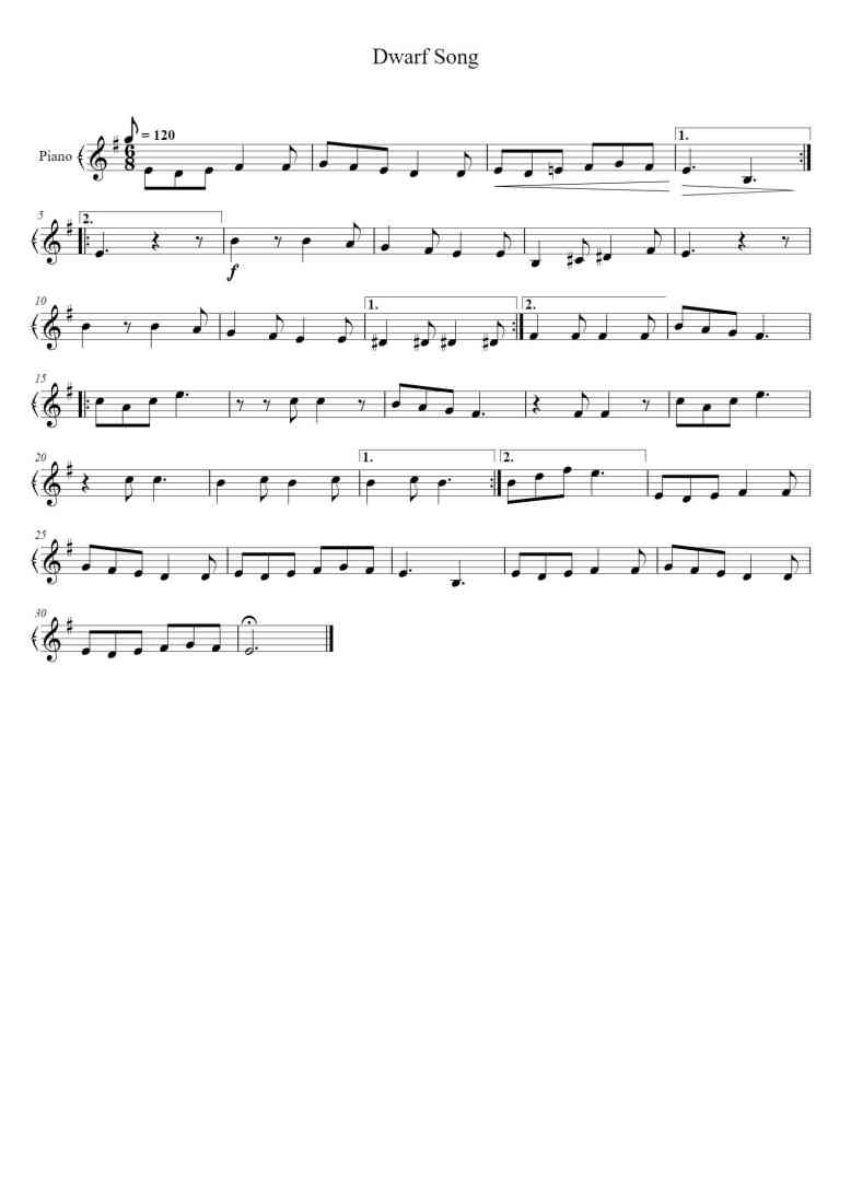 'Dwarf Song' - Piano Sheet Music By O'Condia Hornchols | TOPiano