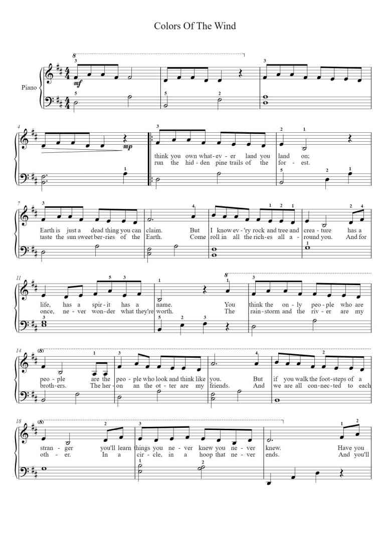 'Colors of the Wind' - Piano Sheet Music By Alan Menken | TOPiano