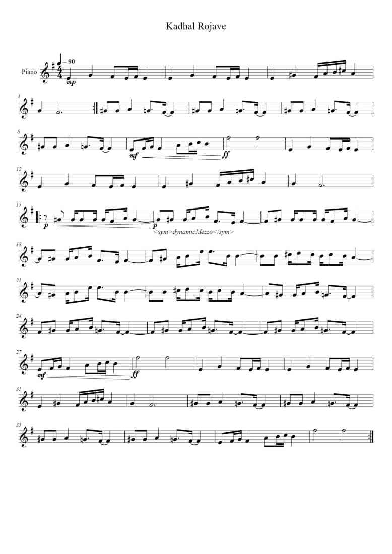 Kadhal Rojave钢琴谱 - A.R Rahman - free piano sheet music - PiaNoproblem