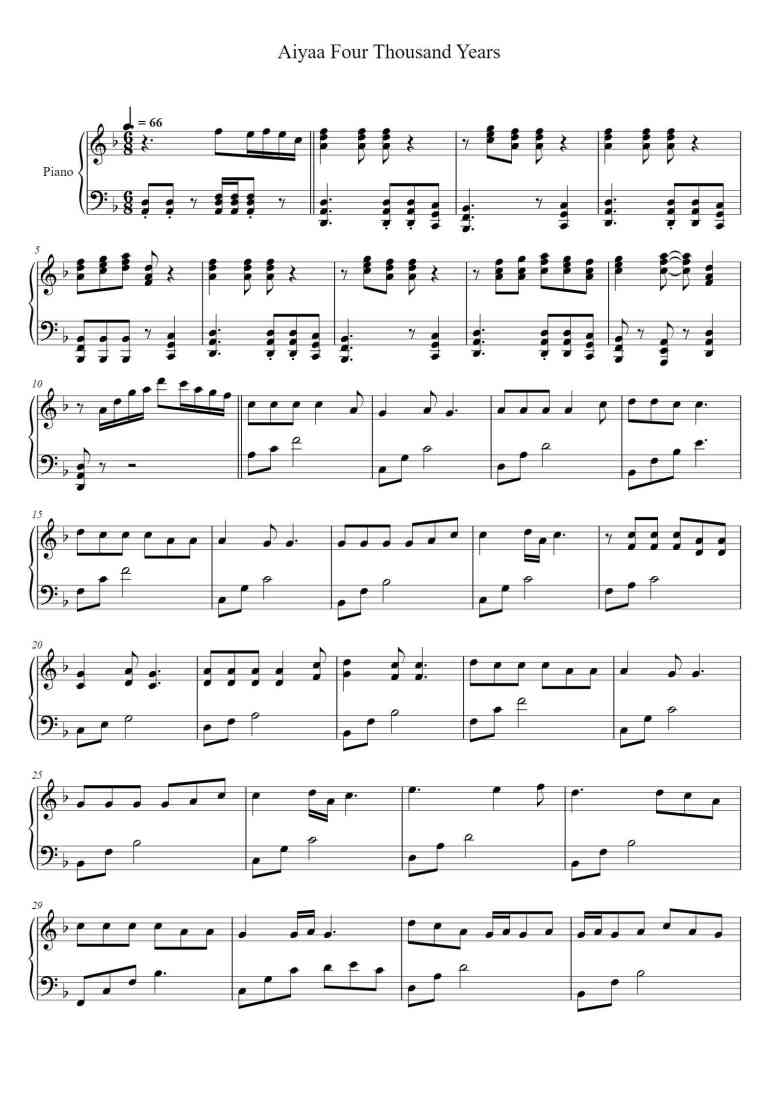 'Aiyaa Four Thousand Years' - Piano Sheet Music By Misc Cartoons | TOPiano