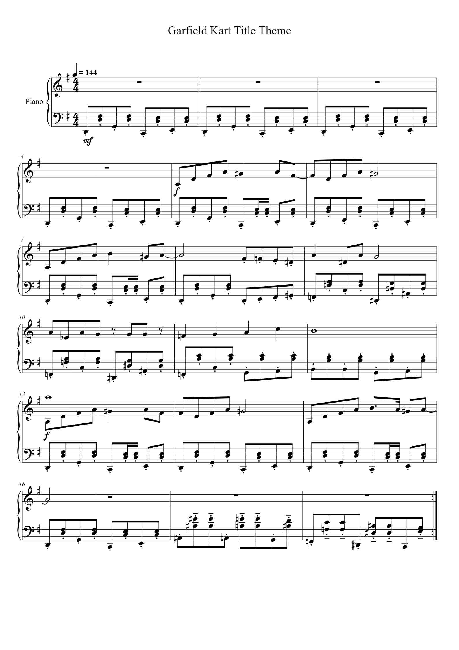 Garfield Kart Title Theme钢琴谱 - Pierre Michuad - free piano sheet music ...